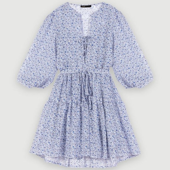 Maje | Dresses | Blue Floral Print Belted Baby Doll Dress | Poshmark